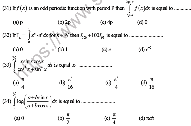 JEE Mathematics Definite Integration MCQs Set A with Answers